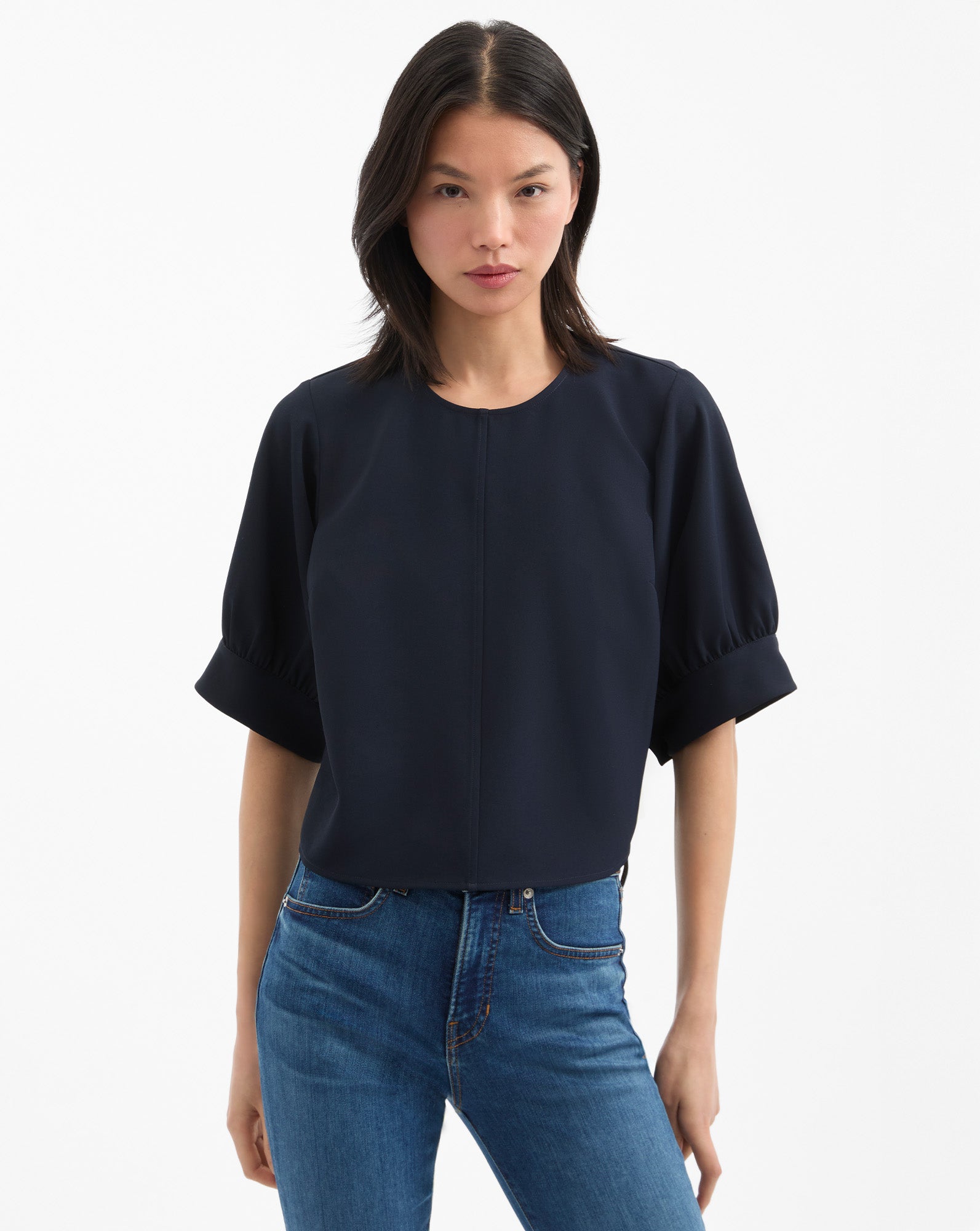 Margaret Balloon-Sleeve Blouse in Navy | Veronica Beard CA – Veronica ...