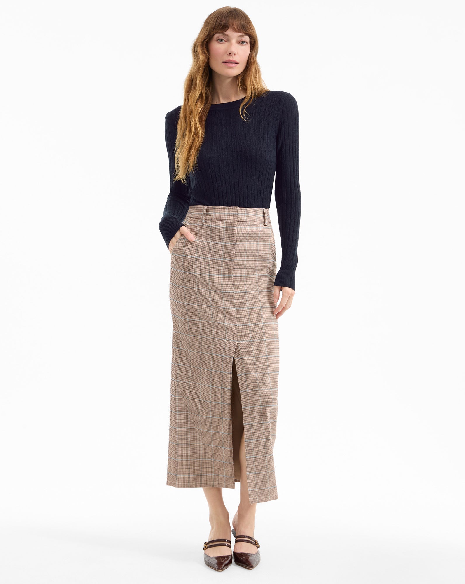 Maxine Maxi Skirt in Light Brown & Blue Plaid | Veronica Beard CA ...