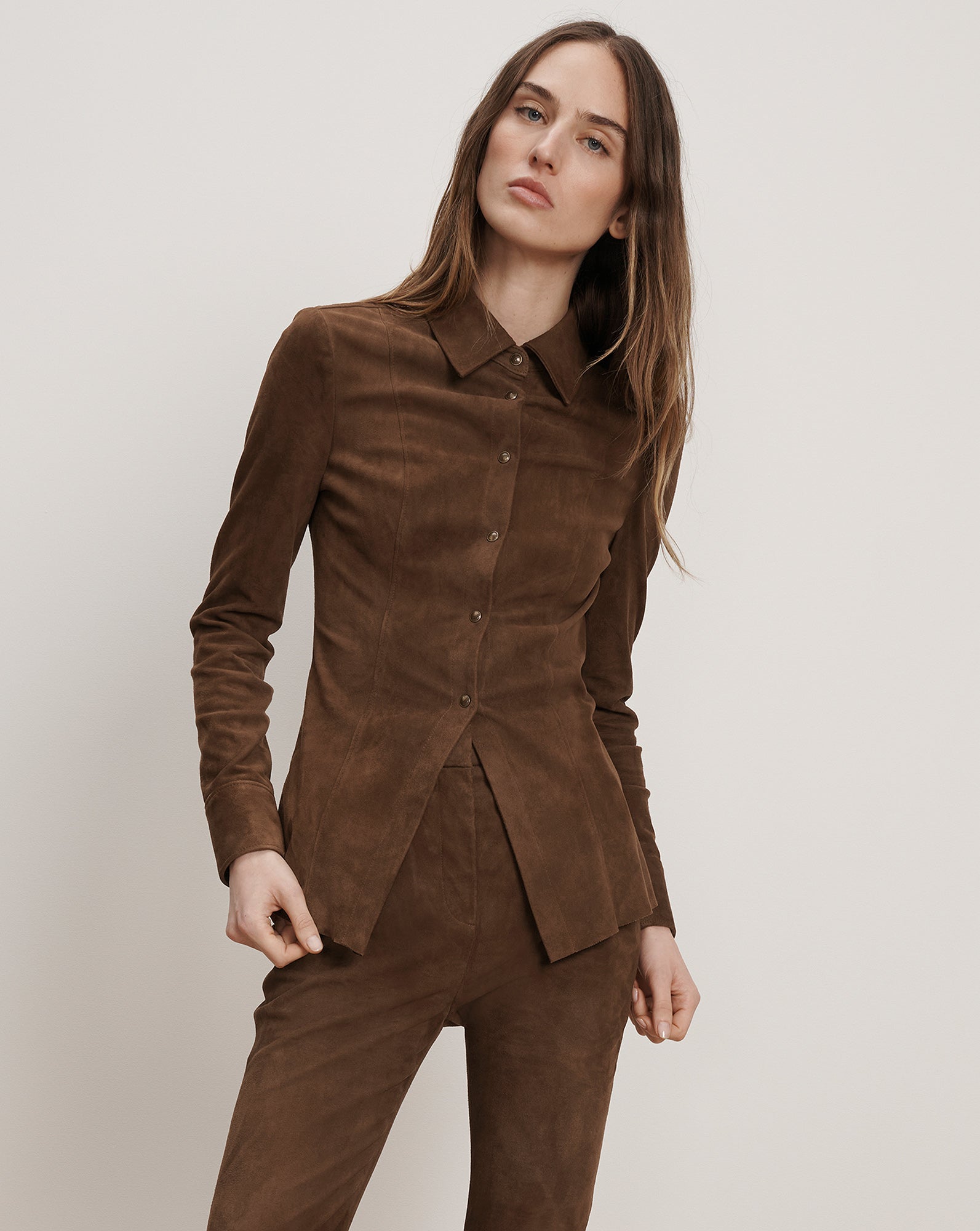 Wittaker Suede Button-Down Shirt in Mocha | Veronica Beard CA ...